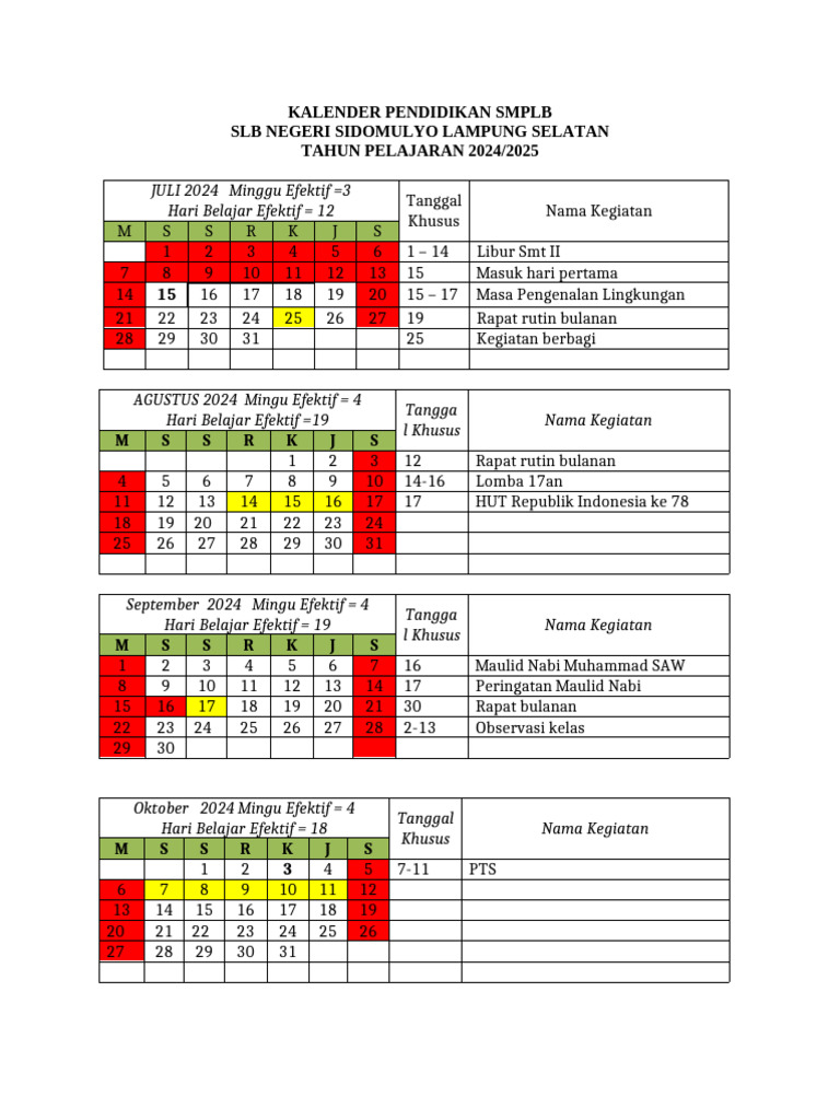 Kalender Pendidikan SMPLB 2024/2025 | PDF