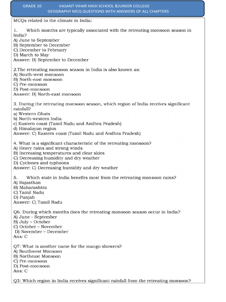Grade 10 Geography MCQs & Answers | PDF
