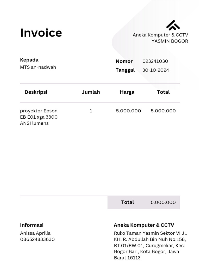Invoice Proyektor Epson MTS An-Nadwah | PDF