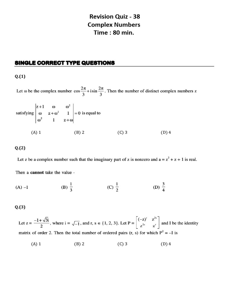 Complex Numbers Revision Quiz | PDF | Integer | Abstract Algebra