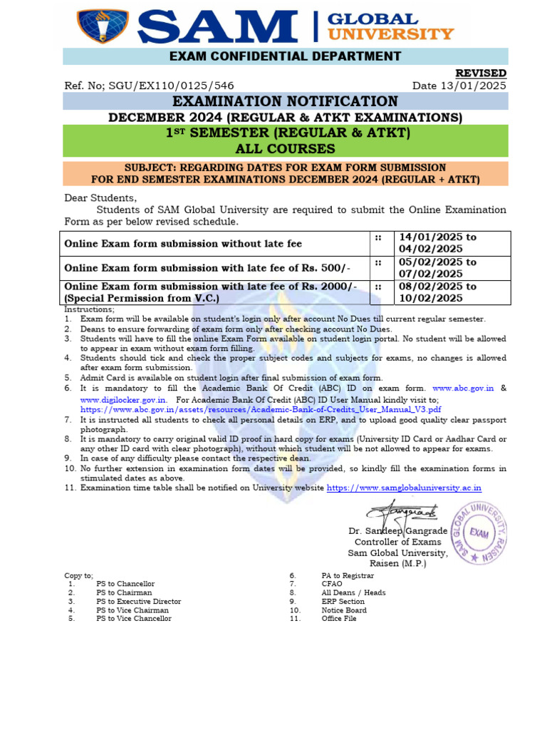 Circular For Sgu Exam Form 1st Semester Revised | PDF
