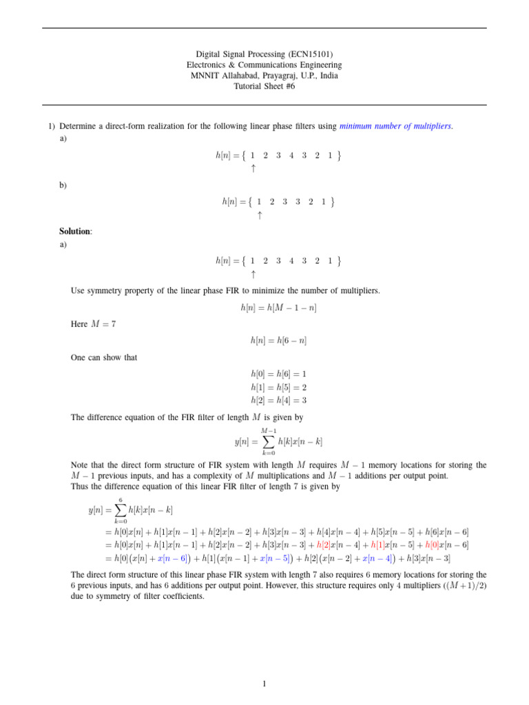 Tut#06 DSP MNNIT Sol | PDF | Algorithms | Signal Processing