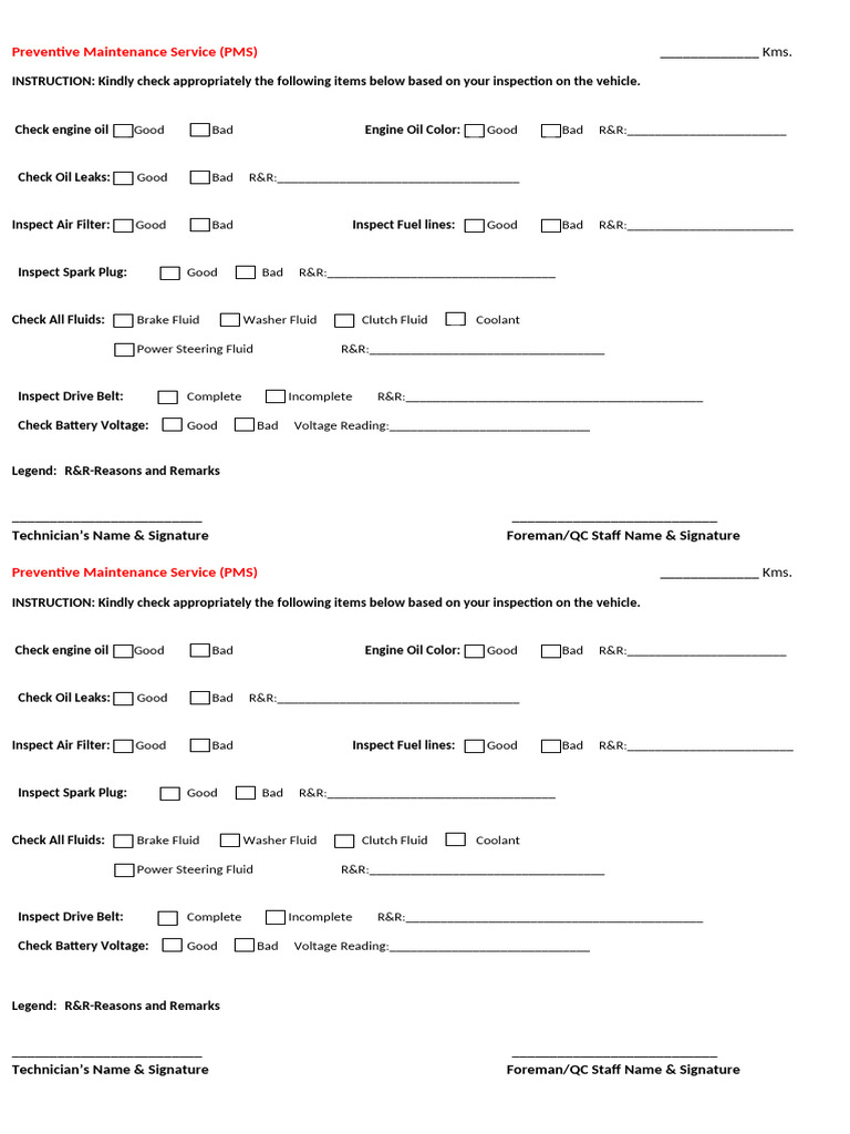 PMS On Engine Checklist | PDF | Leak | Automotive Technologies