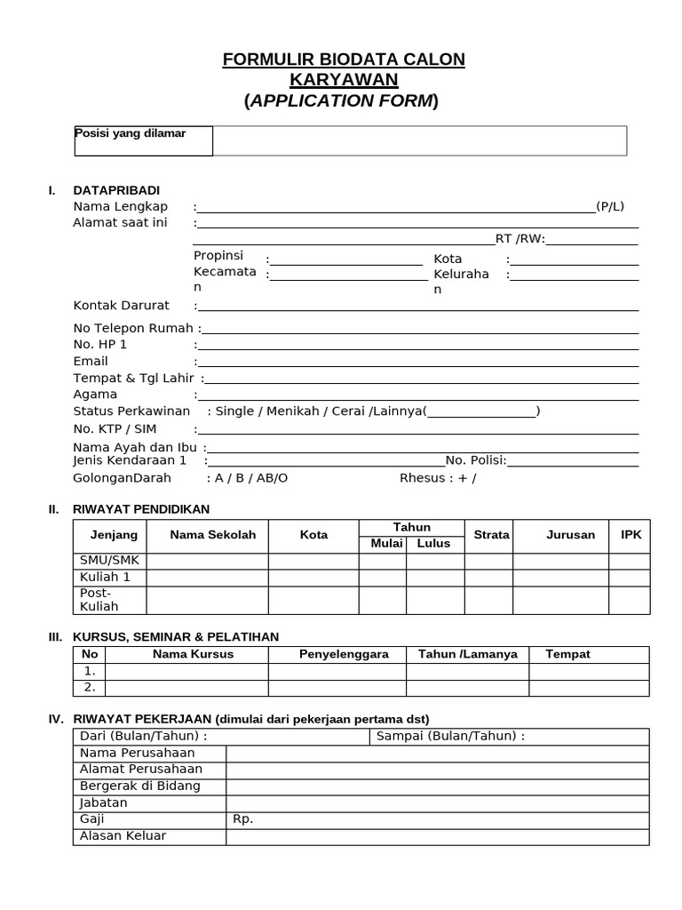 Formulir Biodata Karyawan Lengkap | PDF