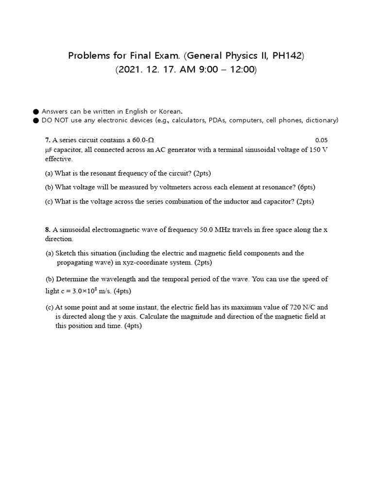 Final Exam Problems for General Physics II | PDF | Voltage | Interferometry
