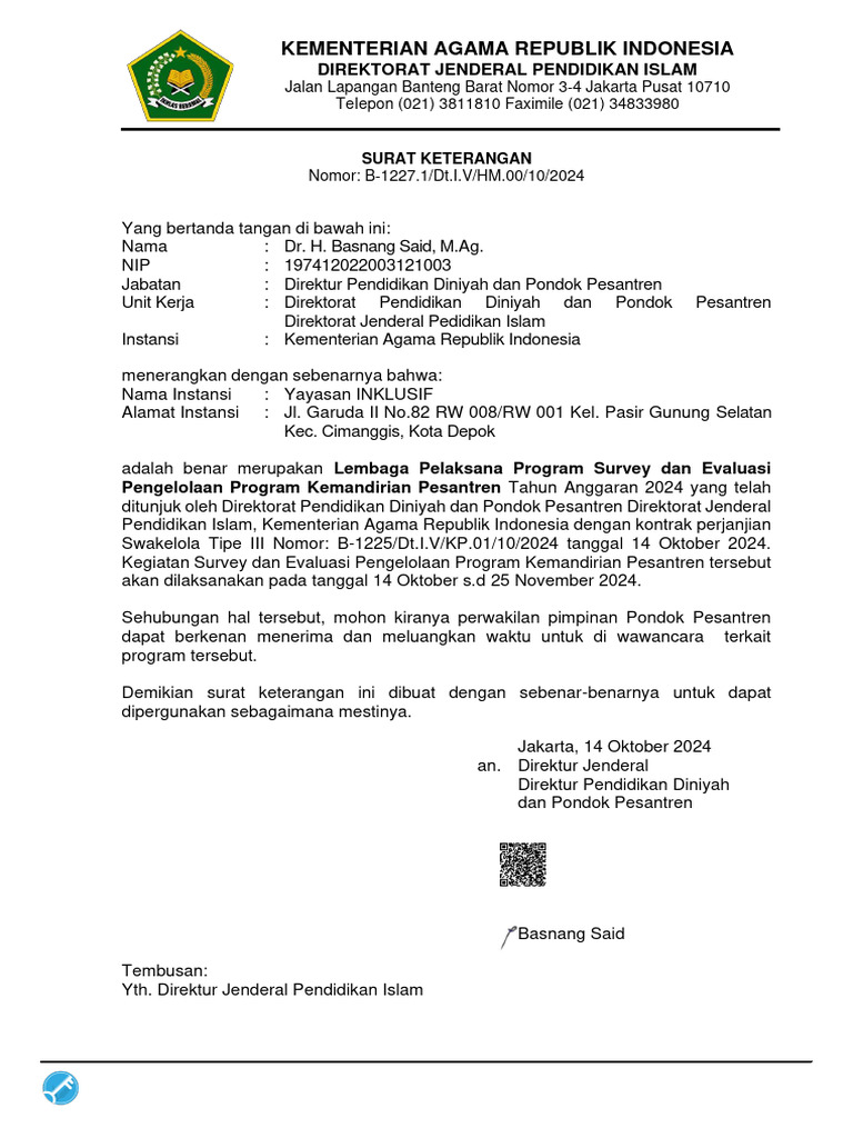 Surat Keterangan Program Kemandirian Pesantren | PDF