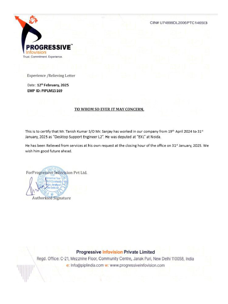 PIPL Experience Letter Tanish | PDF