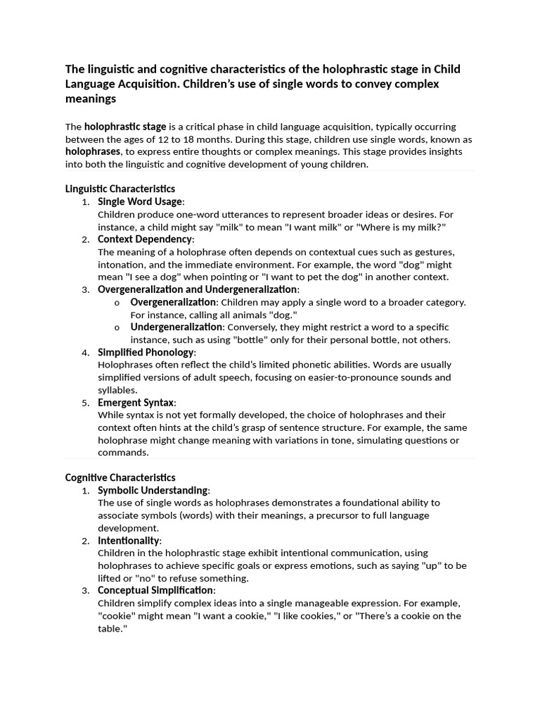 Linguistic and Cognitive Characteristics of Holophrastic Stage | PDF ...
