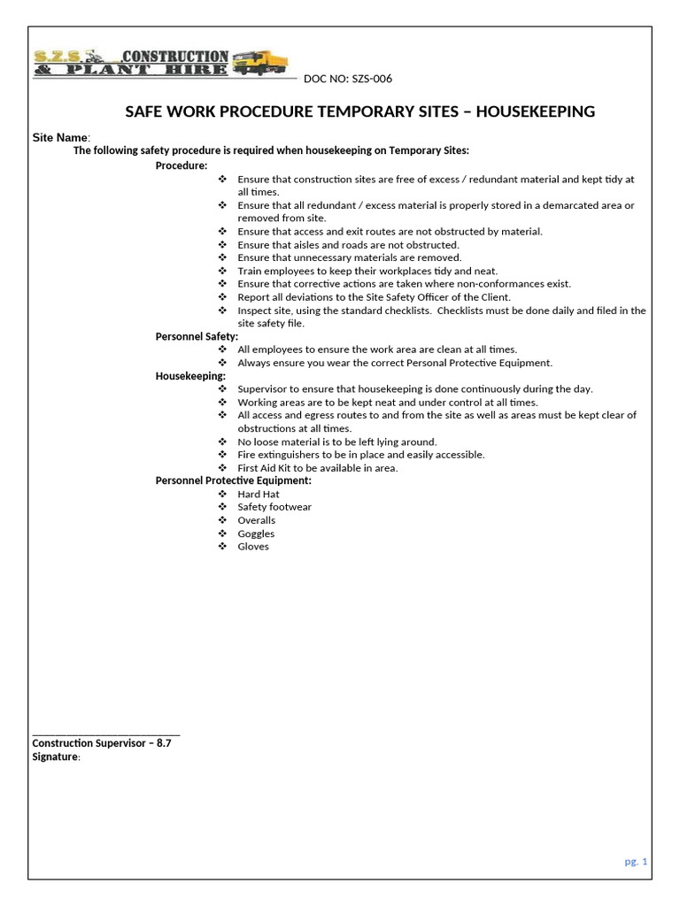 SWP - Housekeeping Rev 001 | PDF | Housekeeping | Safety