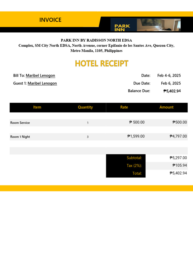 Printable Hotel Receipt Template | PDF