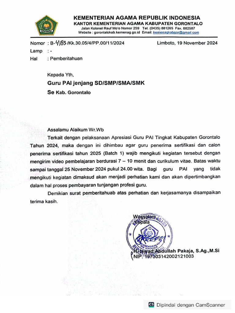 SURAT PEMBERITAHUAN APRESIASI GURU PAI 2024 | PDF