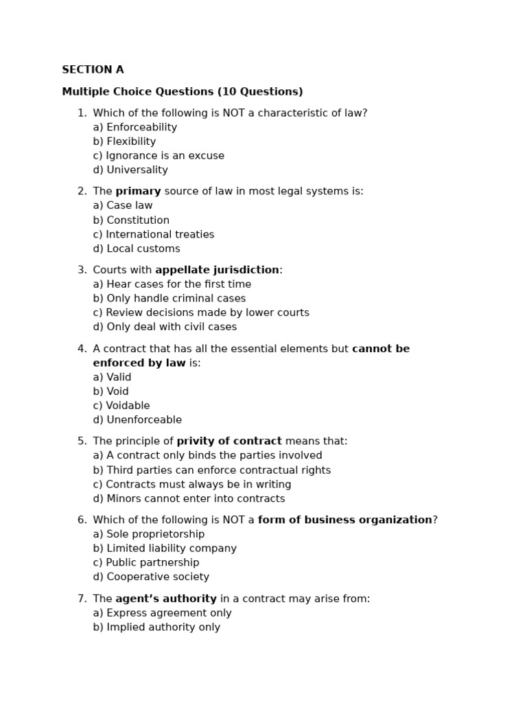 Business Law QNS, SECTION A | PDF | Consideration | Law Of Agency