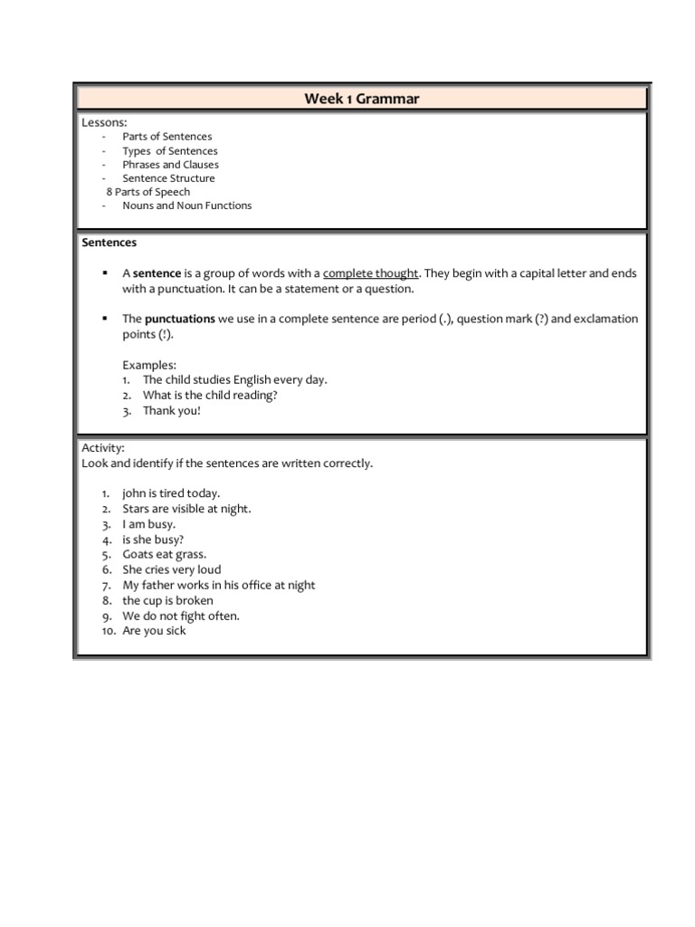 Week 1 Grammar | PDF | Noun | Subject (Grammar)