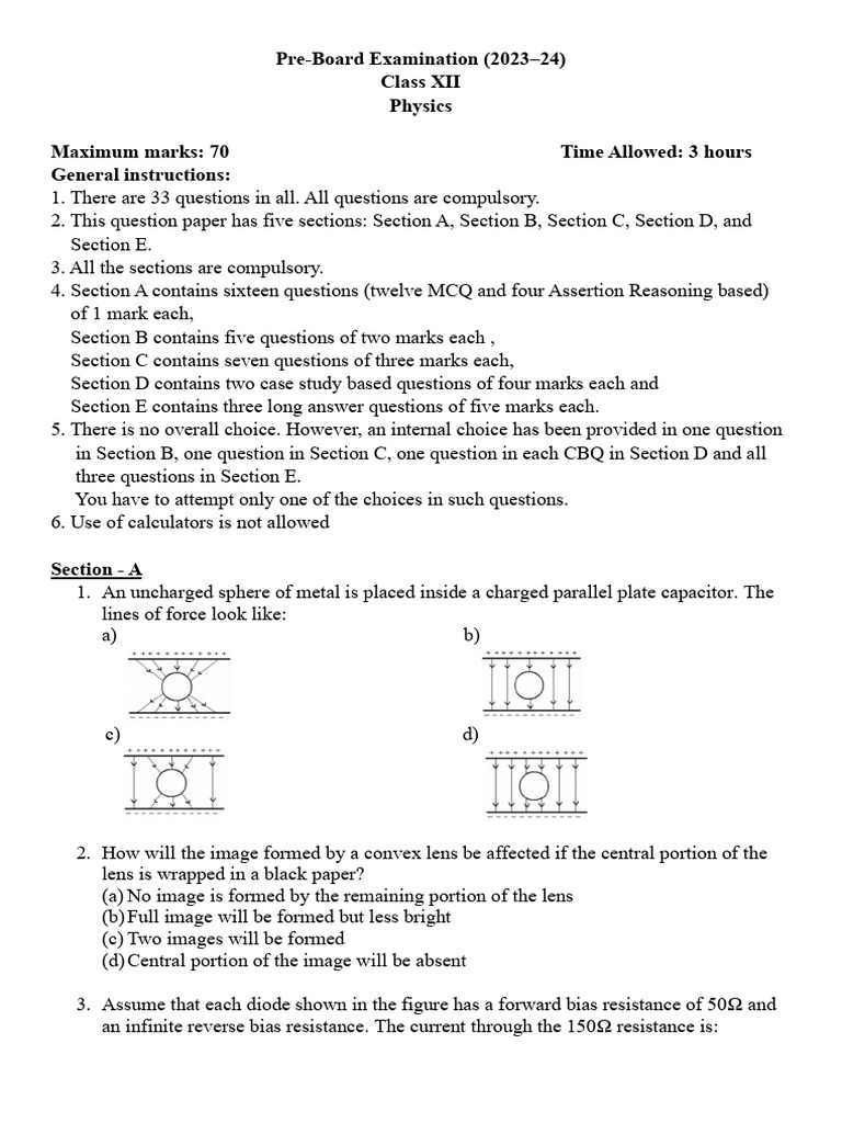 Physics QP PB Class XII 2023-24 | PDF | Magnetic Field | Light