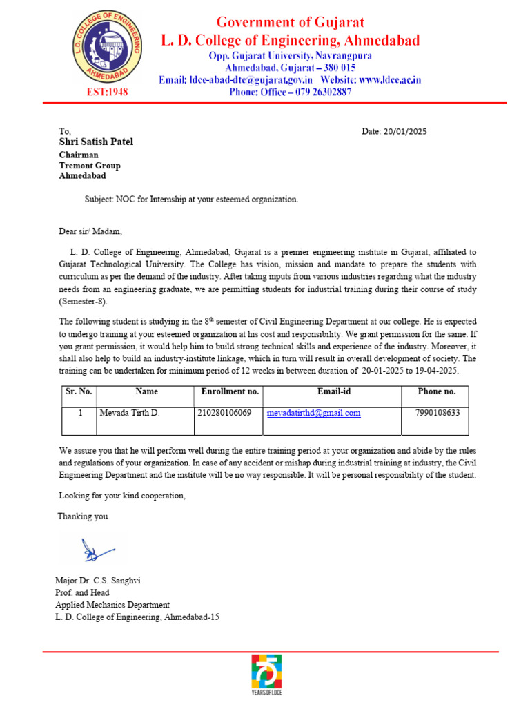 NOC for Engineering Internship Requests | PDF | Gujarat | Engineering