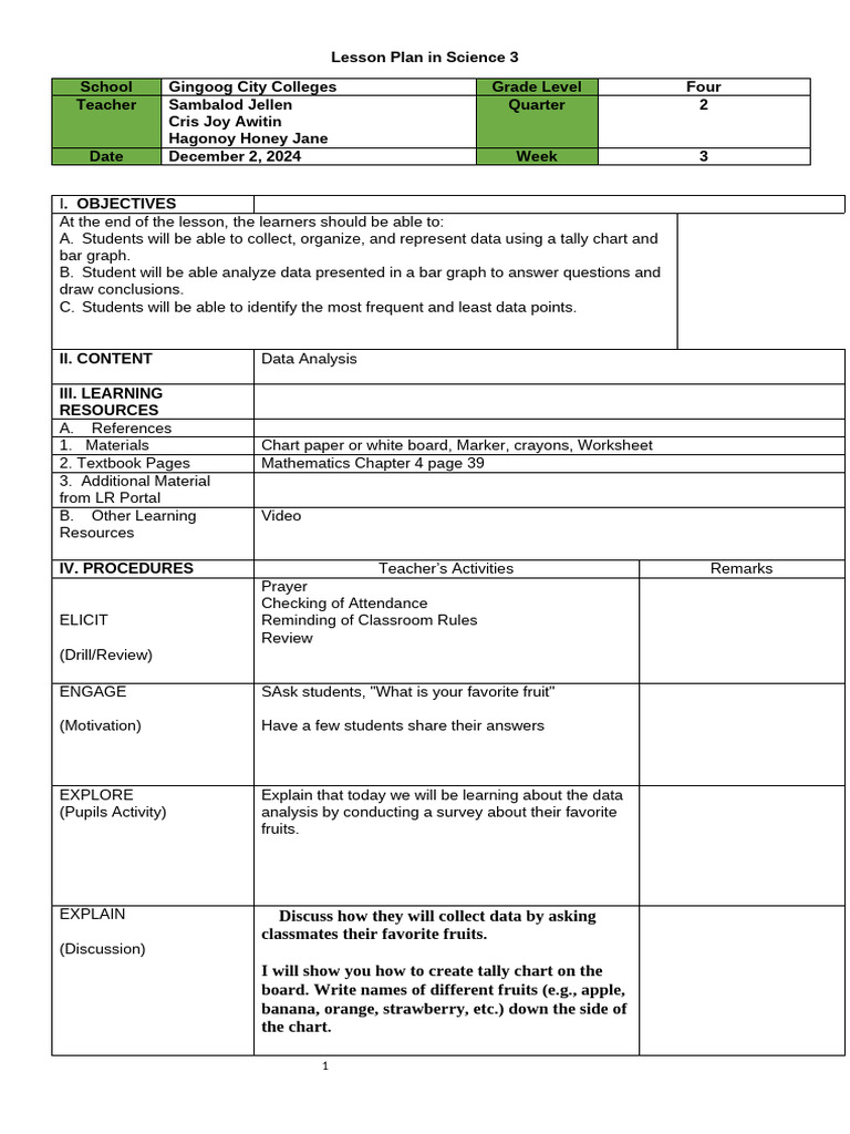 Grade 4 Science: Data Analysis Lesson | PDF | Lesson Plan | Behavior Modification