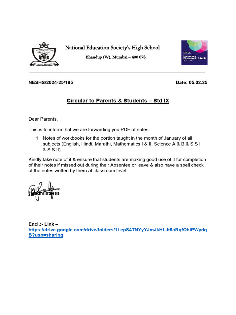 Circular to parents - Std IX PDF notes-3 | PDF