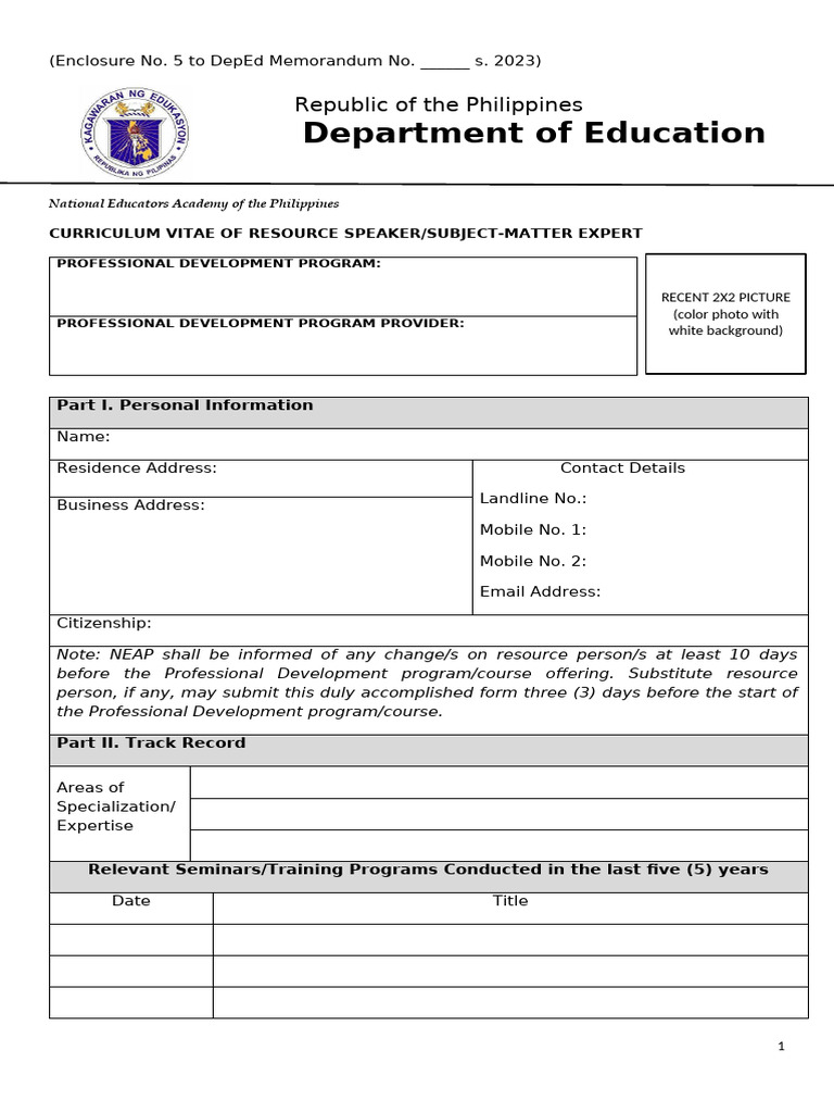 Enclosure No. 5 Curriculum Vitae of Resource Speaker - Subject-Matter ...