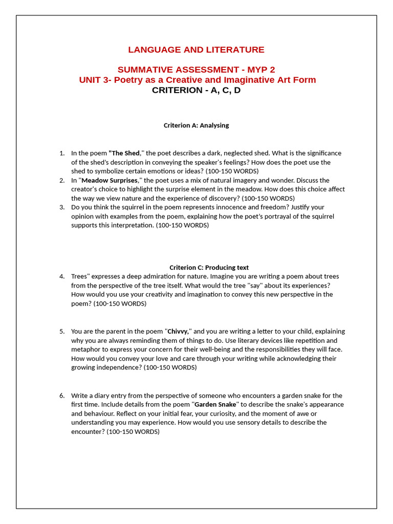 myp 2 SUMMATIVE | PDF | Poetry