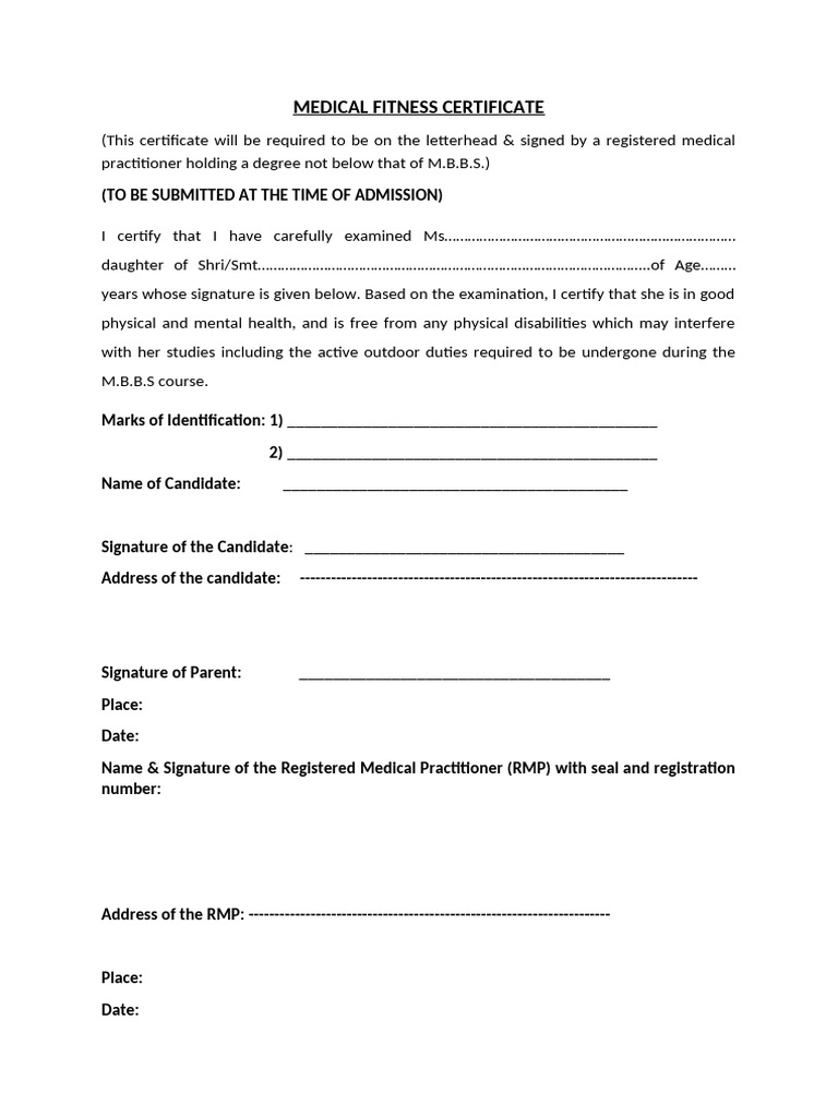 Medical Fitness Certificate Template | PDF