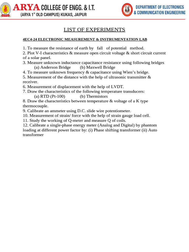 List of Experiments | PDF