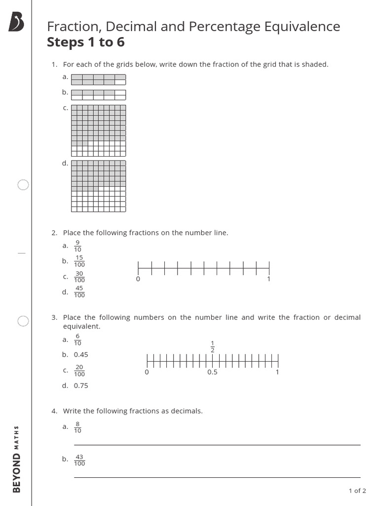 Fraction, Decimal & Percentage Equivalence Homework | PDF | Elementary ...
