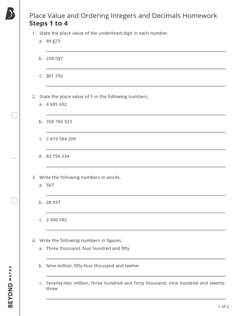 Place Value & Ordering Integers & Decimals Homework | PDF | Numbers ...
