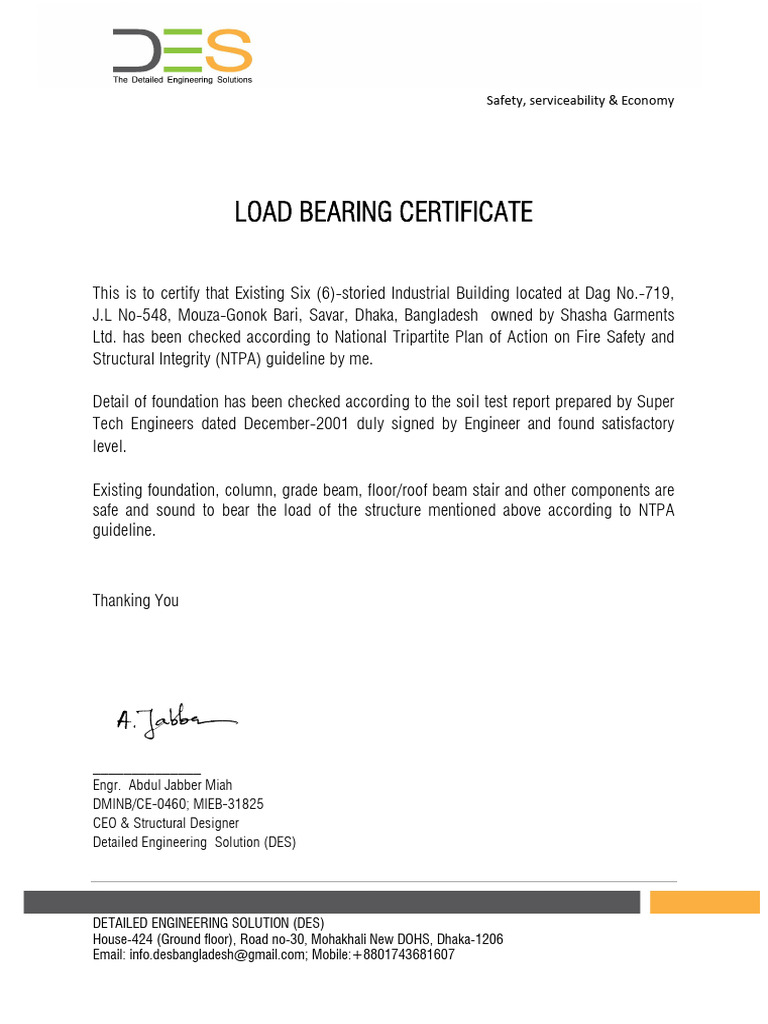 Shasha Load Bearing Certificate | PDF