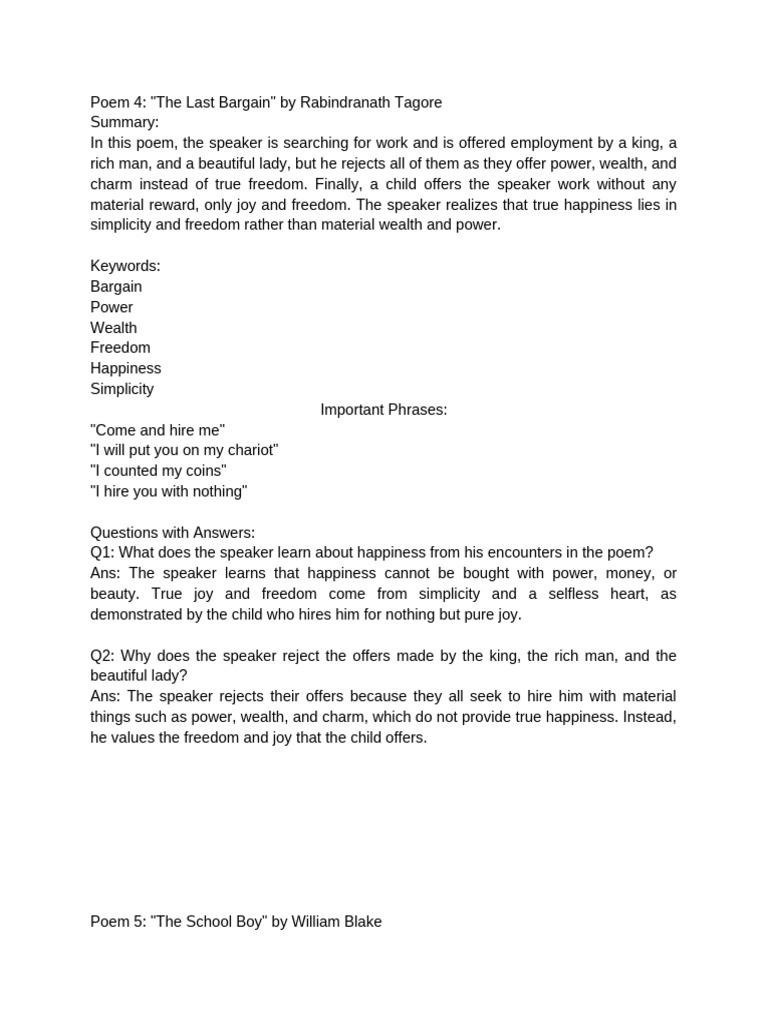 English All Poems Summary | PDF | Poetry