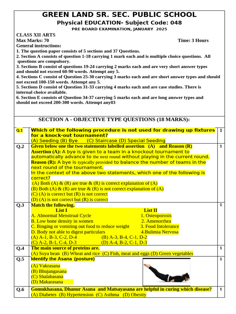 2.xii Phy Arts QP 2025 II Pre Board | PDF | Tournament | Skeletal Muscle