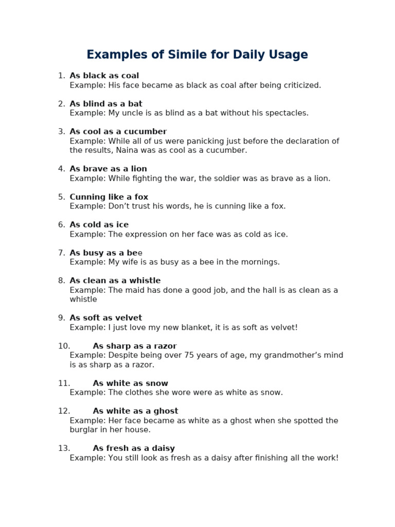 Simile and Metaphor Examples List | PDF