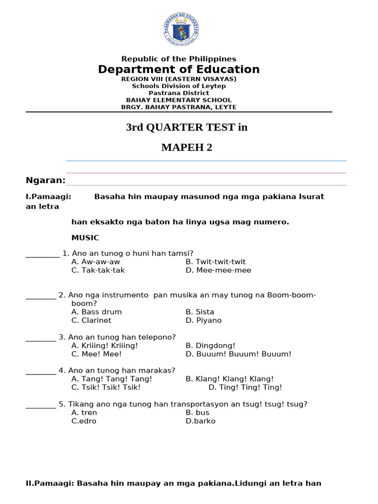 3rd Quarter Test Mapeh 2 | PDF