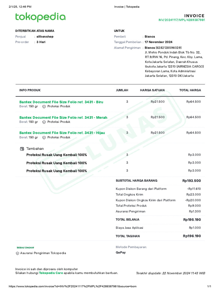Invoice Pembelian Bantex 17 Nov 2024 | PDF