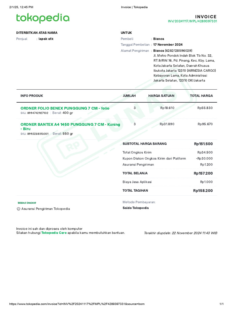 Invoice - Tokopedia Nov Atk 1 | PDF
