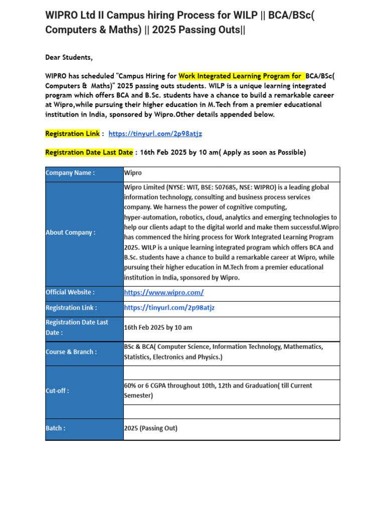 Wipro WILP 2025 Registration Details | PDF | Bachelor Of Science