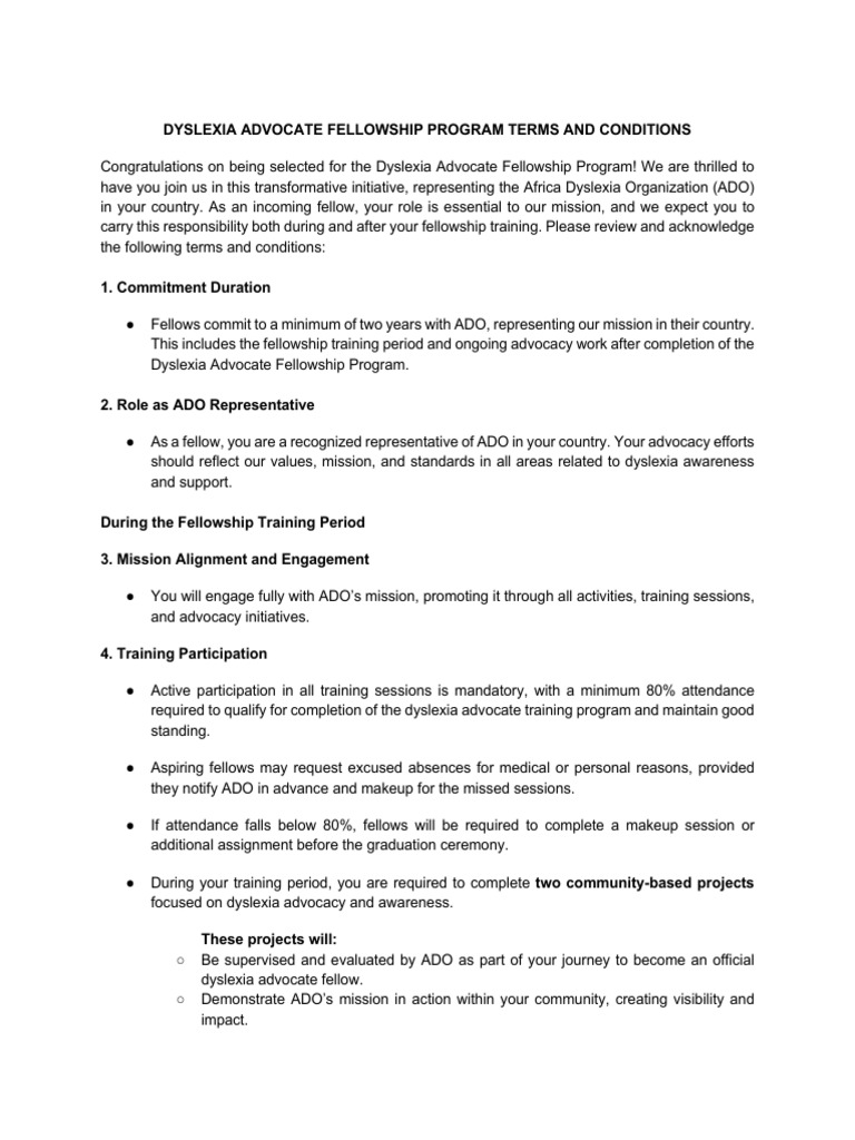 DYSLEXIA ADVOCATE FELLOWSHIP PROGRAM TERMS & CONDITIONS Plus Conflict ...
