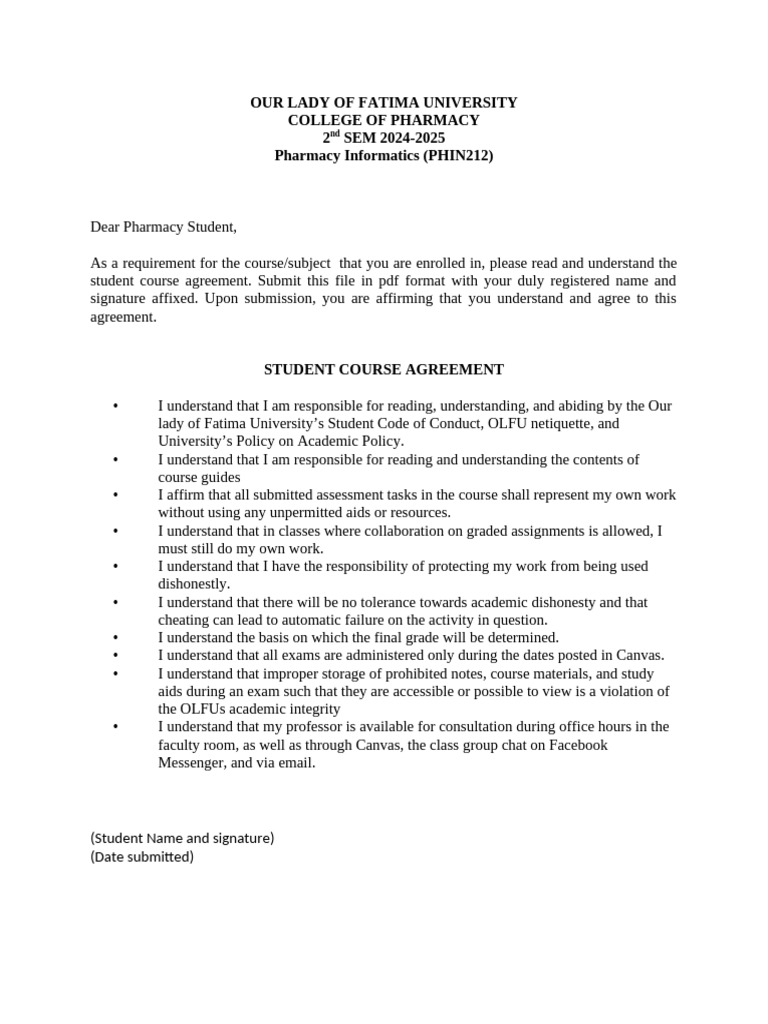 Pharmacy Course Agreement 2024-2025 | PDF