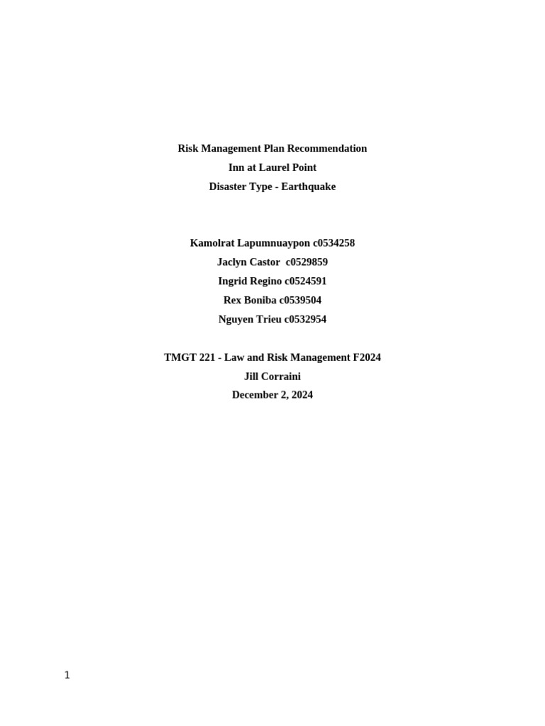 Earthquake Risk Management for Inn | PDF | Emergency Management ...