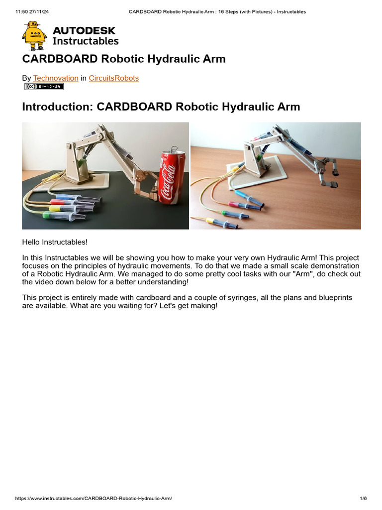 CARDBOARD Robotic Hydraulic Arm - 16 Steps (With Pictures) - Instructables | PDF