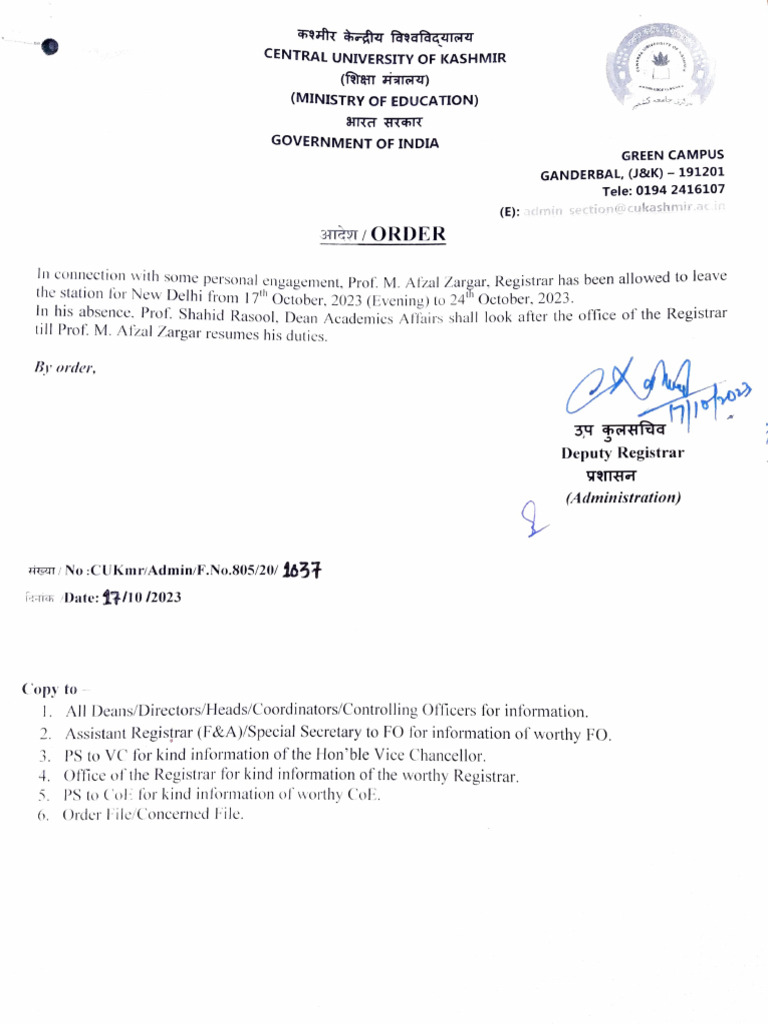 Registrar Leave Notification - CUK | PDF