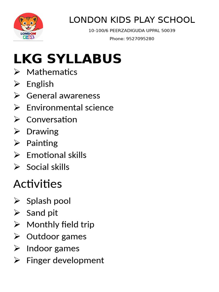 LONDON KIDS SCHOOL LKG SYLLABUS | PDF
