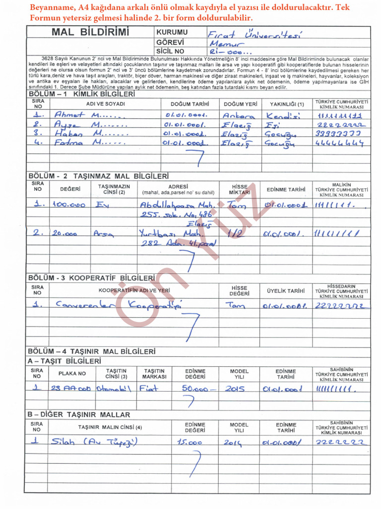 Mal Bildirim Beyannamidididesi - Doldurulmuş Örnek | PDF
