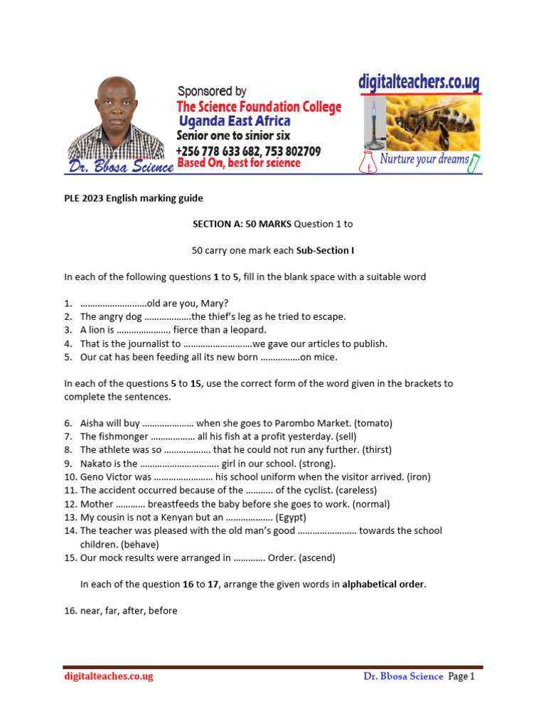 PLE 2023 English Marking Guide | PDF