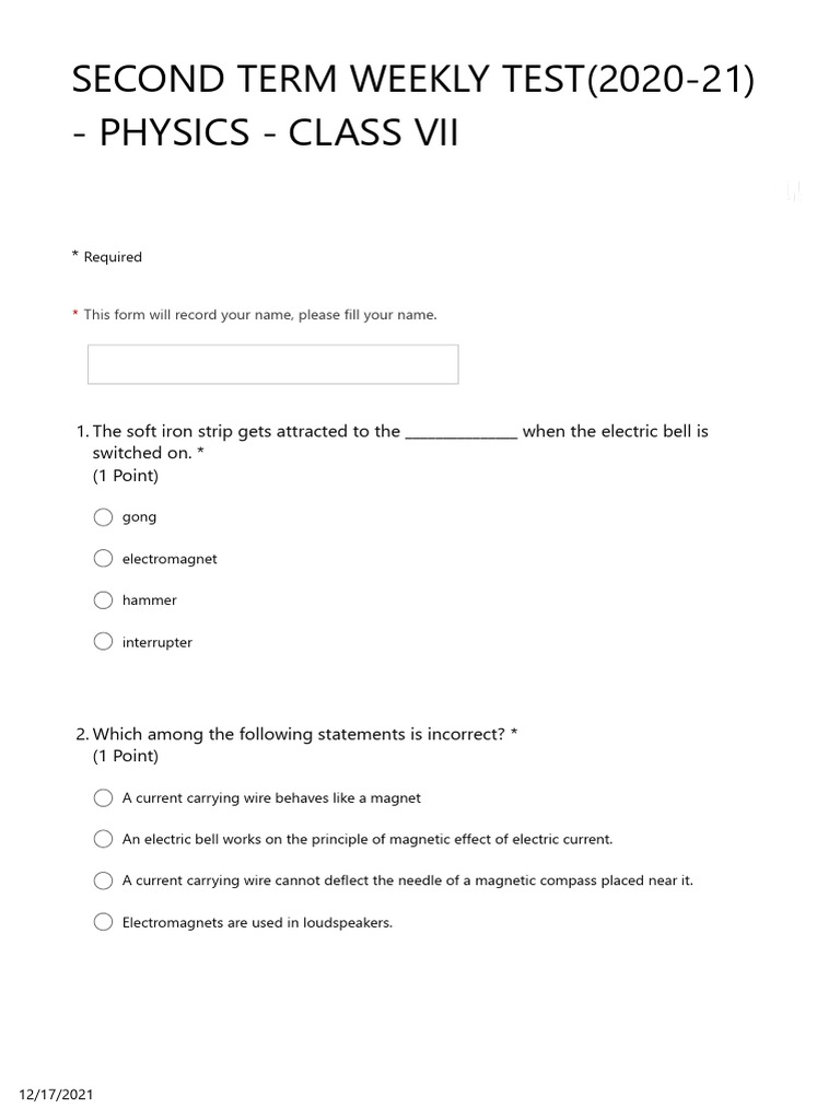 Class VII Physics Weekly Test 2020-21 | PDF
