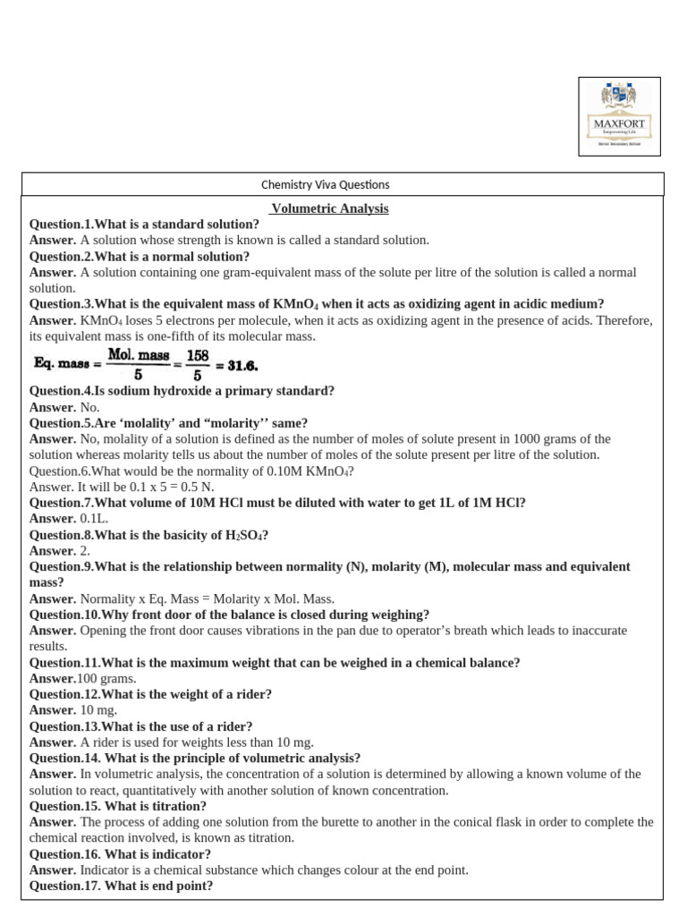 Viva Questions Class XII (3) | PDF | Titration | Chemistry