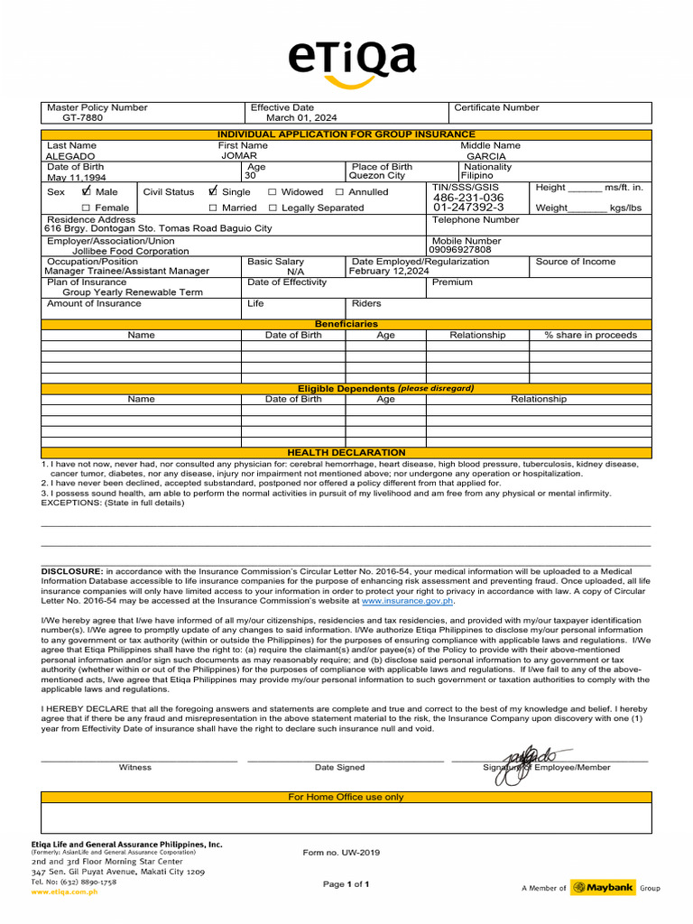 ETIQA Individual Application Form | PDF | Taxes