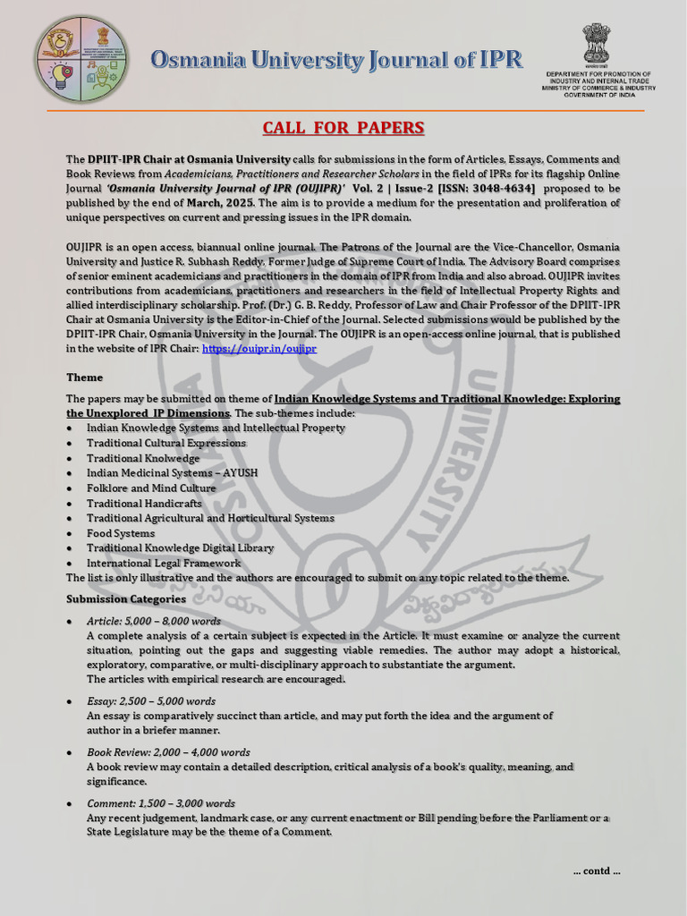 Call for Papers: Osmania IPR Journal | PDF | Citation | Academic Journal