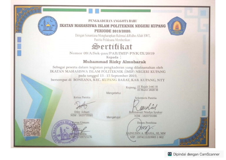 Sertifikat Pengkaderan Peserta Baru IMIP | PDF