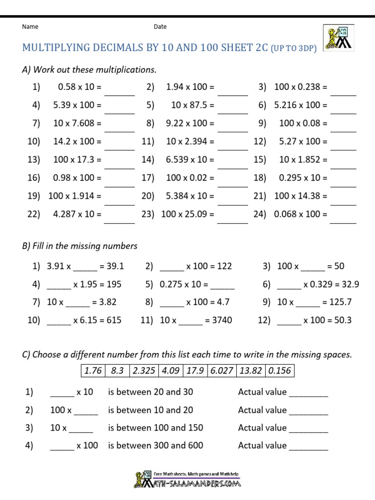 Multiplying Decimals by 10 100 Mastery | PDF