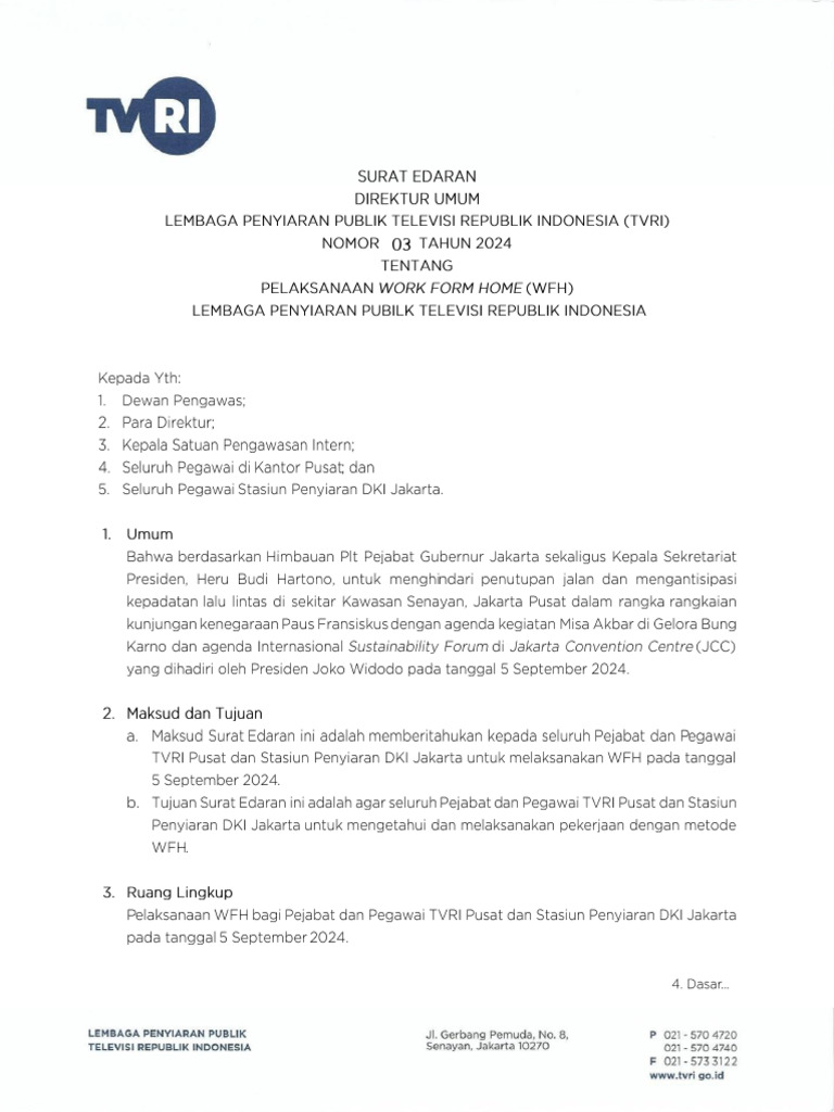 SE No 03 2024 - PELAKSANAAN WORK FORM HOME (WFH) LPP TVRI, 5 September ...
